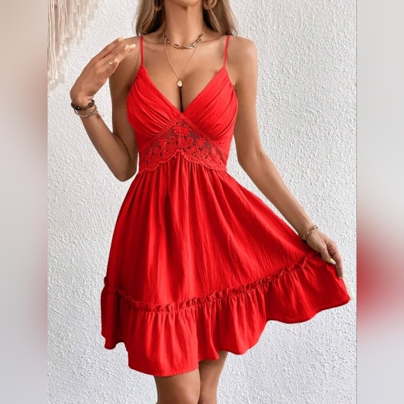 Dresses | New Boho Lace Trim Cotton Mini Dress Red | Poshmark